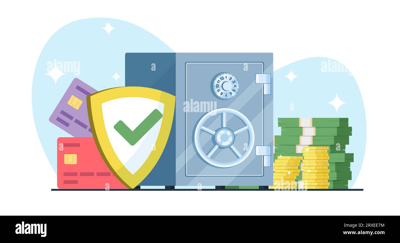 Savings protection concept, locked safe with stack of coins and bills, bank cards, shield ...