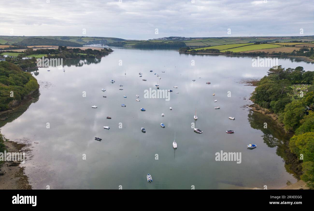 aerial view of boats moored in kingsbridge estuary and bowcombe creek ...