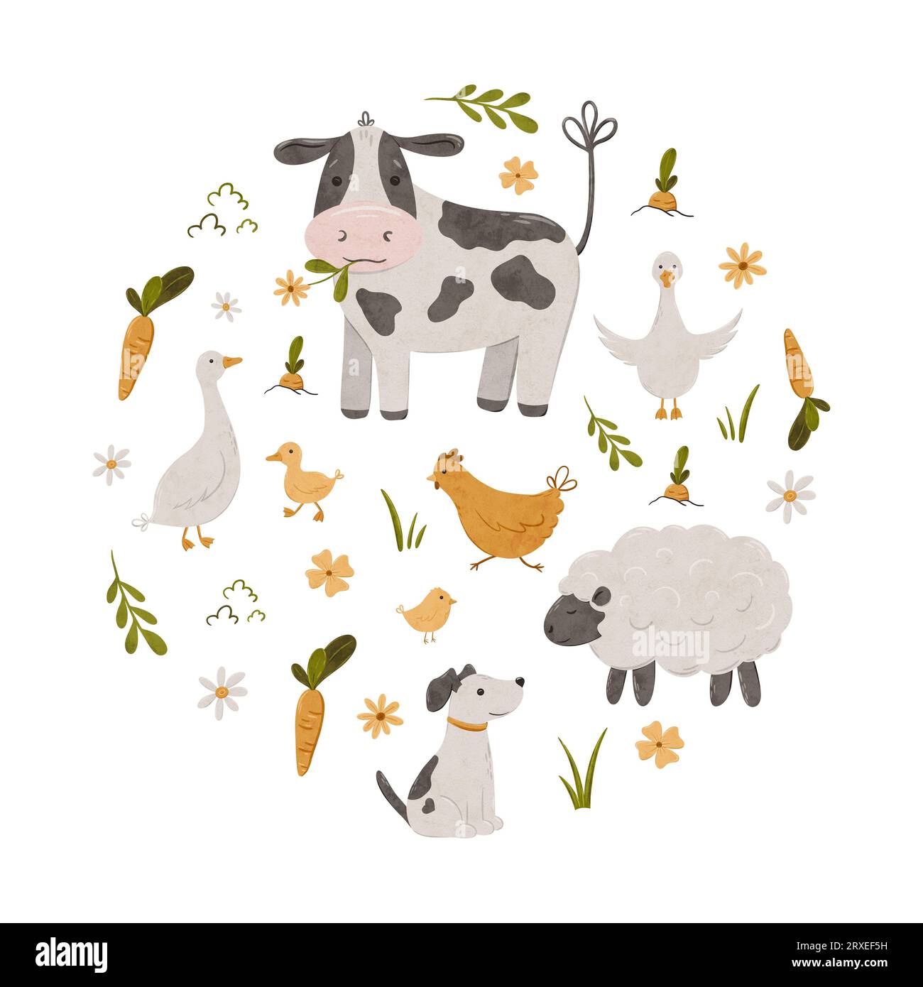 Cute farm animals cow, lamb, chick, dog, cow, sheep, chicken and goose ...