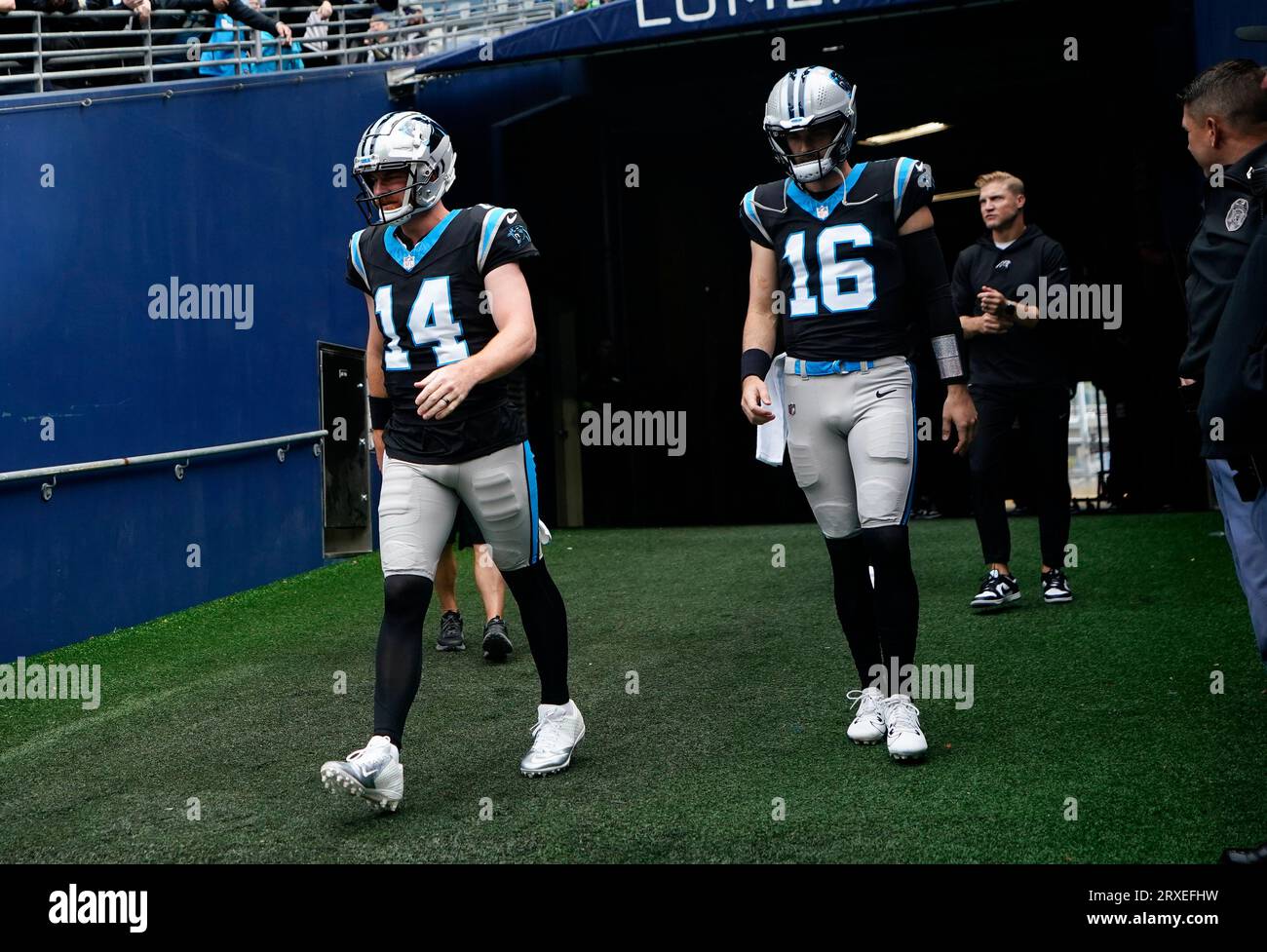 Carolina Panthers quarterback Andy Dalton (14) walks out to warm up ...