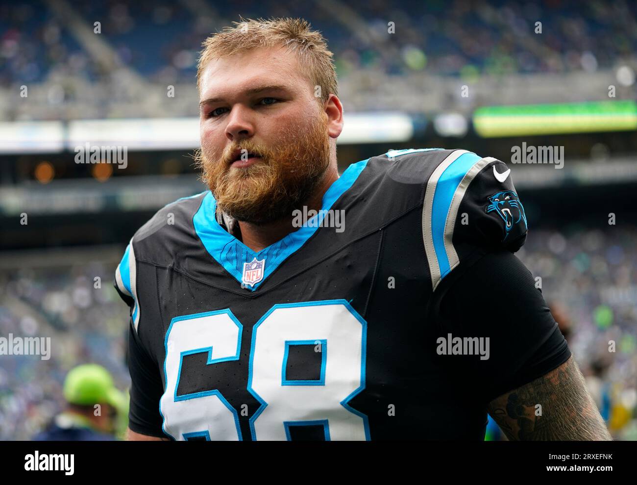 Carolina Panthers guard Cade Mays walks off the field before an NFL ...