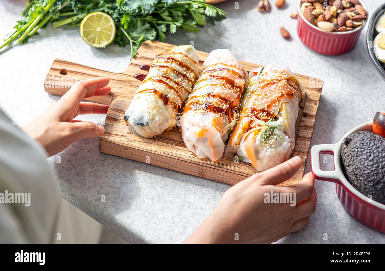 Group of spring rolls with rice paper filled with vegetables Stock ...