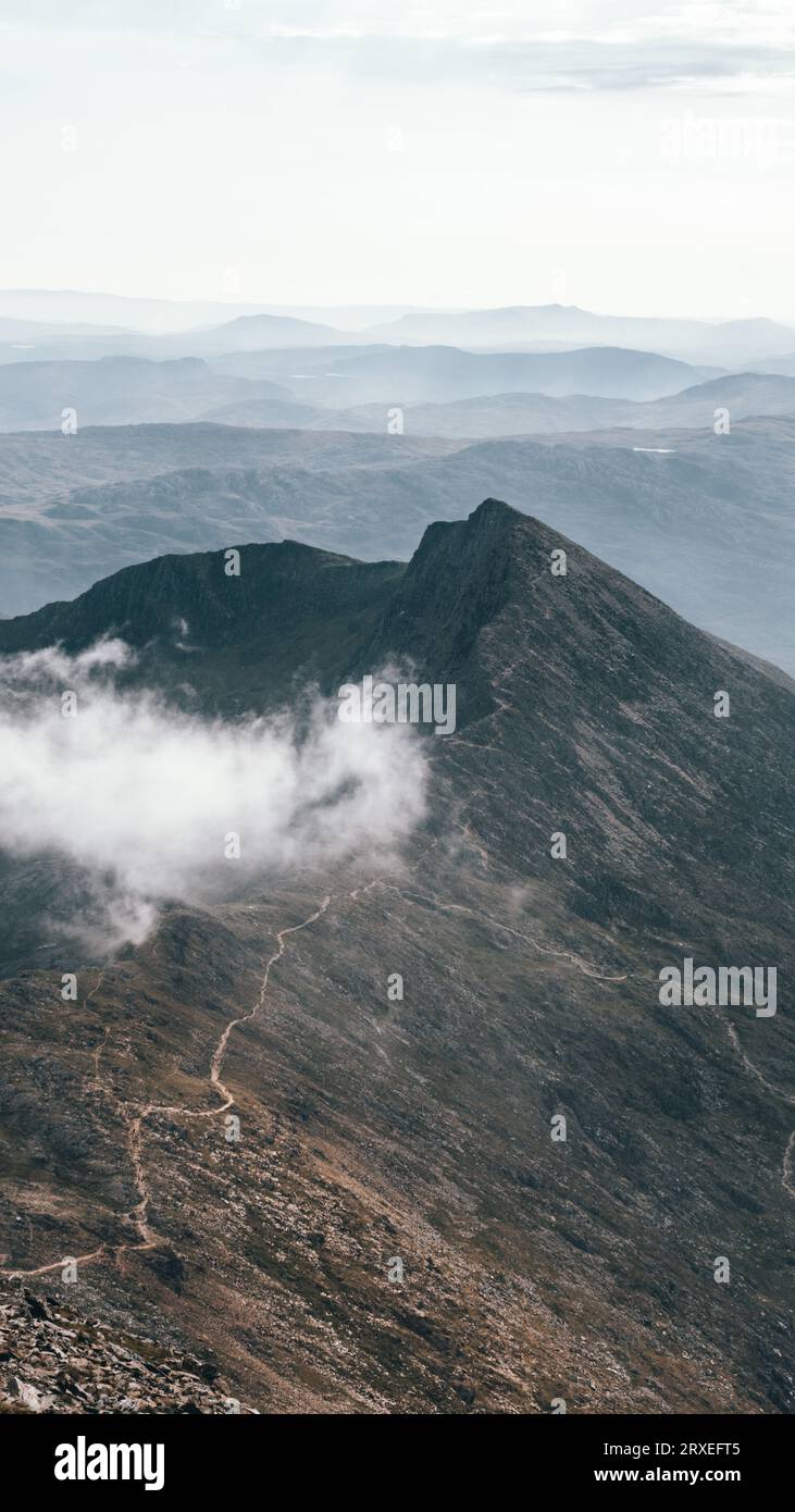 Summit of Yr Wyddfa / Snowdon looking across Snowdonia and Watkin ...