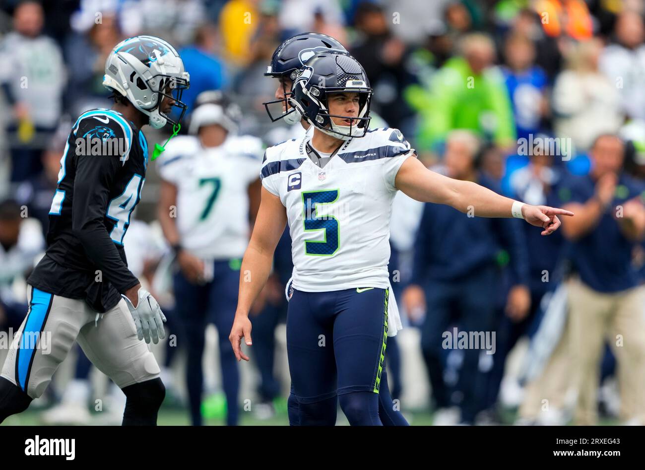Seattle Seahawks place-kicker Jason Myers (5) reacts after kicking a ...