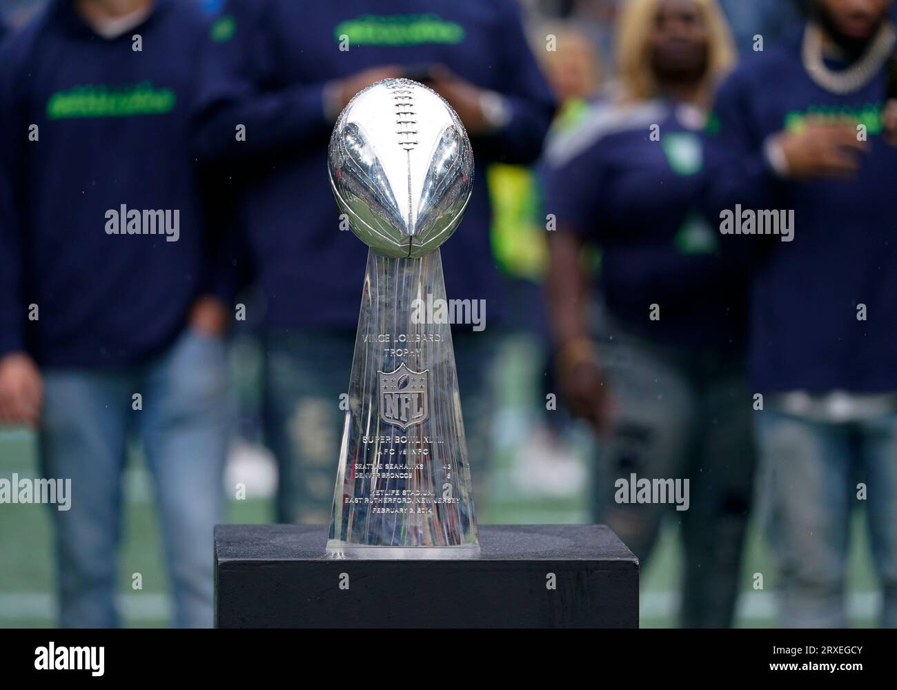 The Vince Lombardi trophy for Super Bowl XLVIII is pictured during a ...