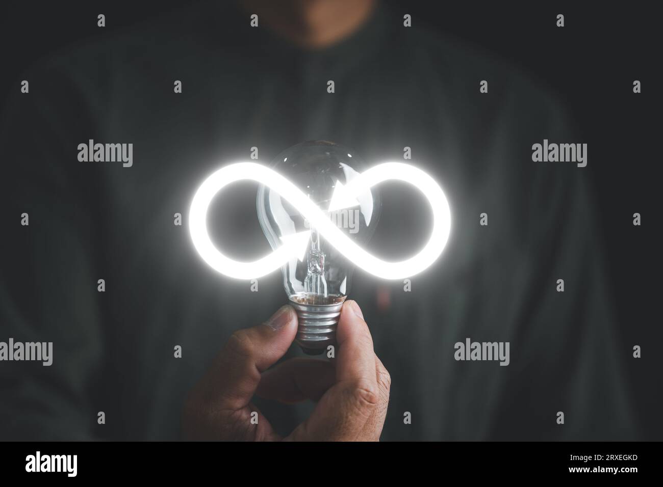 Man emphasizes light bulb with infinite symbol icon Stock Photo - Alamy