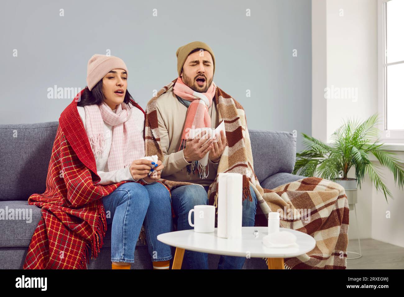 Sick couple covered with plaids suffering from cold at home Stock Photo ...