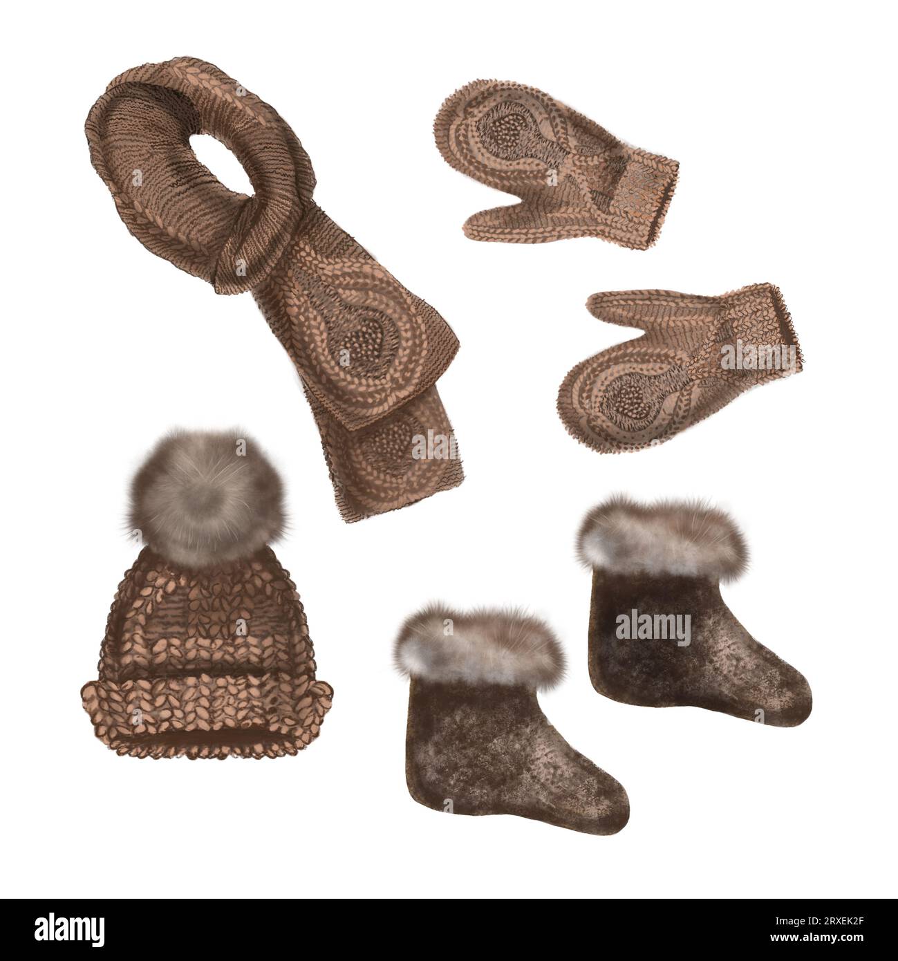 Winter elements hand drawn illustrations. Cute hat, scarf, mittens,boot ...