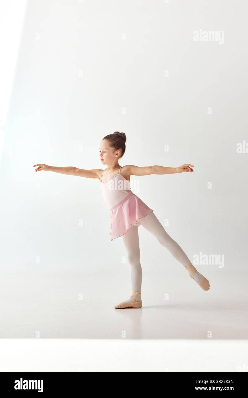 Portrait of small pretty school bun ballerina dancer girl in rose tutu ...