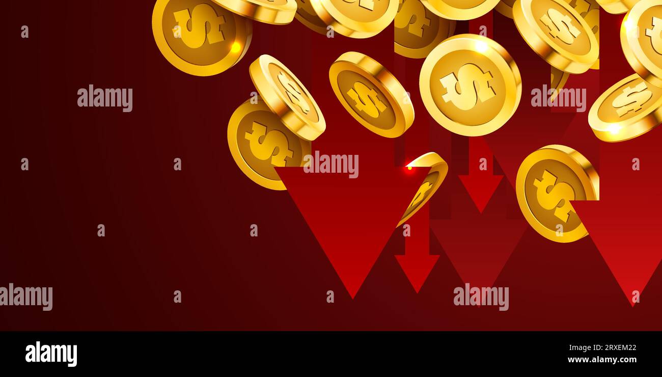 Down arrows and flying coins. Crisis and loss concept. Vector ...