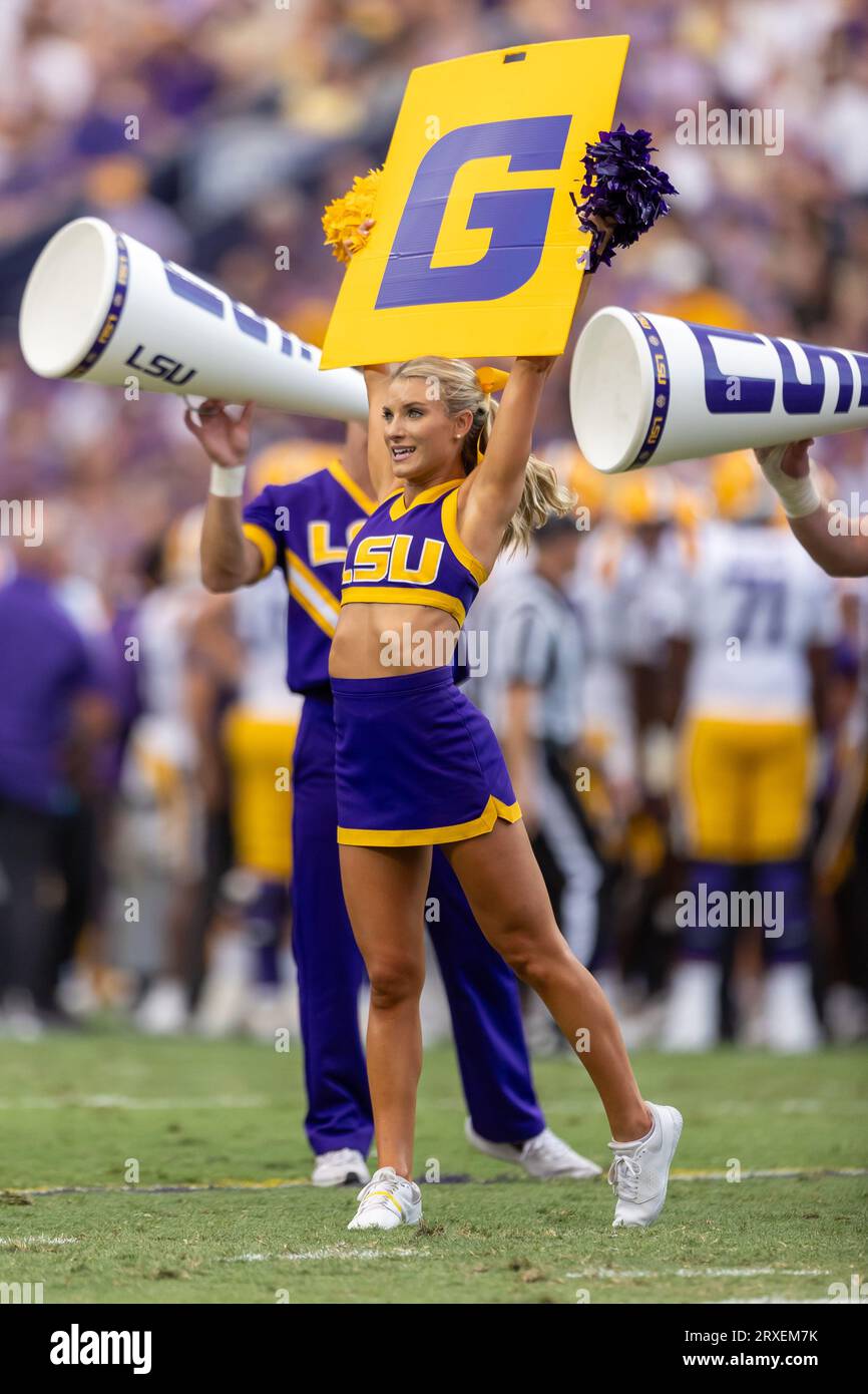 LSU Tigers cheerleader Kimber Hamilton leads the crowd during a timeout ...