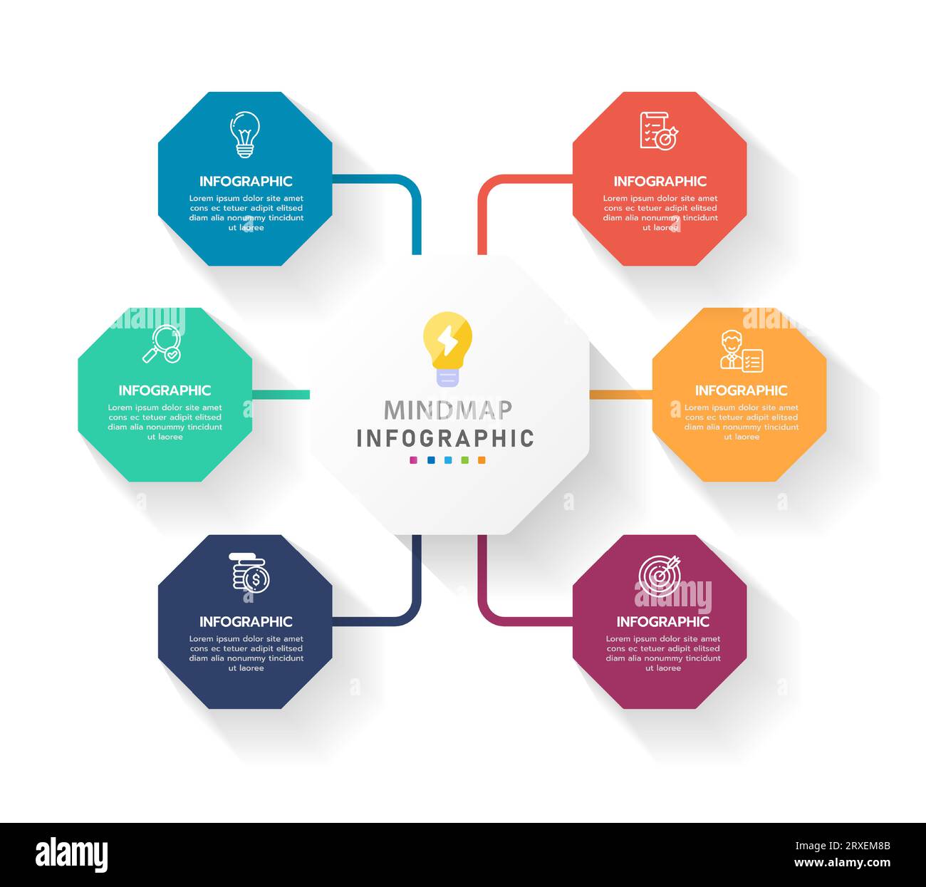 Infographic template for business. 6 Steps Modern Mindmap diagram with Octagon and rectangle ...