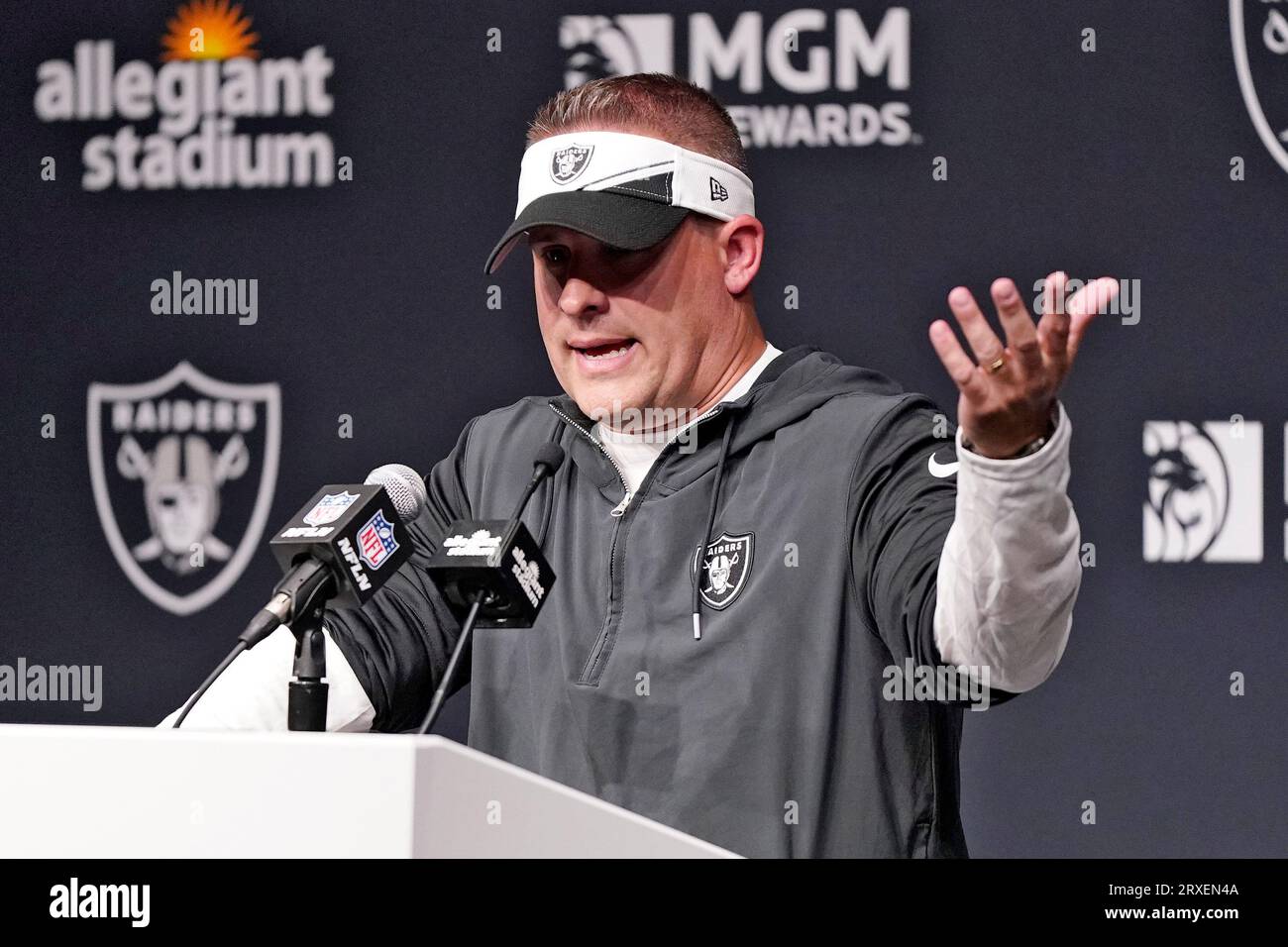 Las Vegas Raiders head coach Josh McDaniels answers questions after a ...