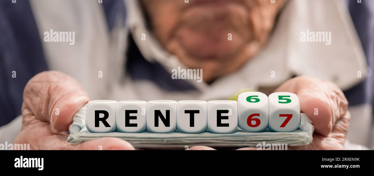 Symbol for an early retirement of 65 years in Germany. Old lady hold ...