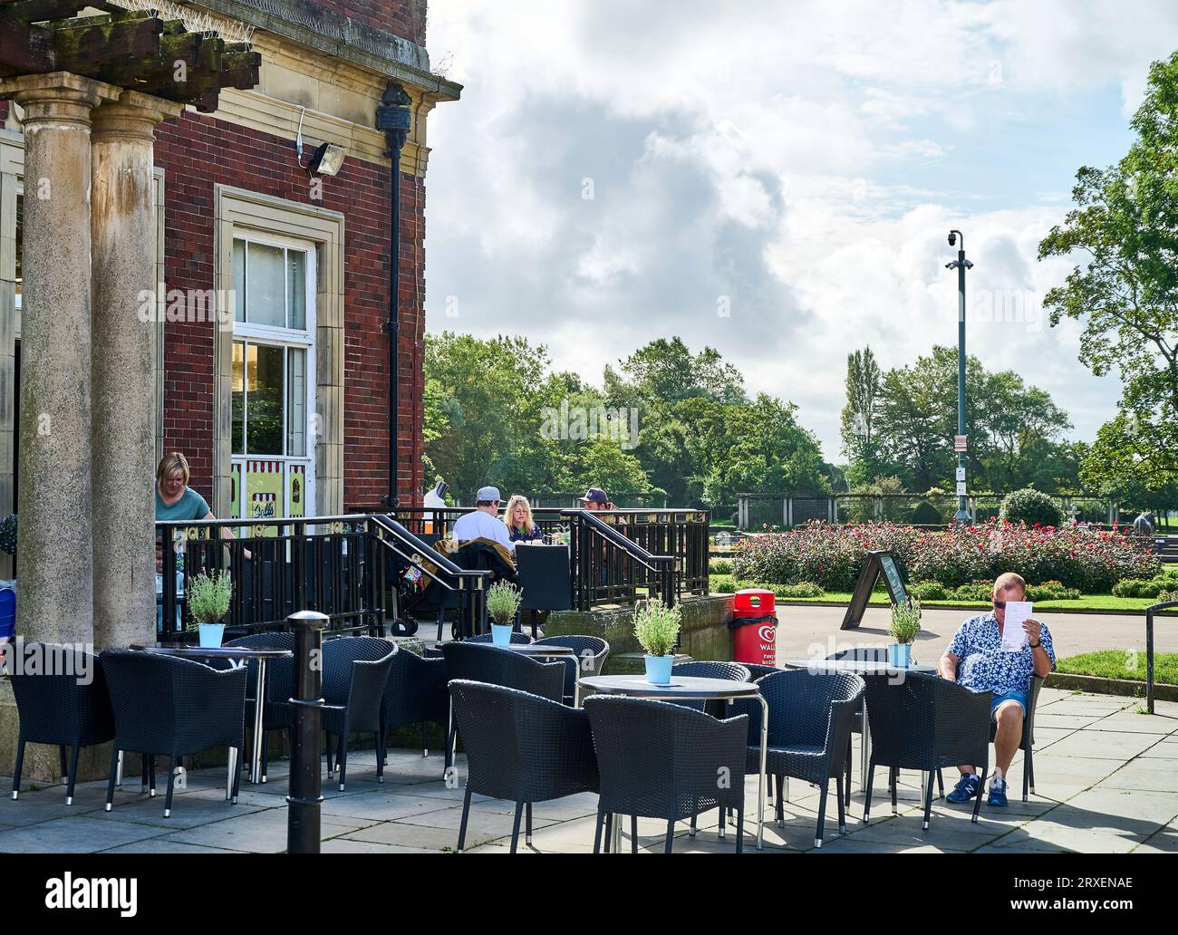 People dining on the terrace of Park's Art Deco cafe in Stanley Park ...