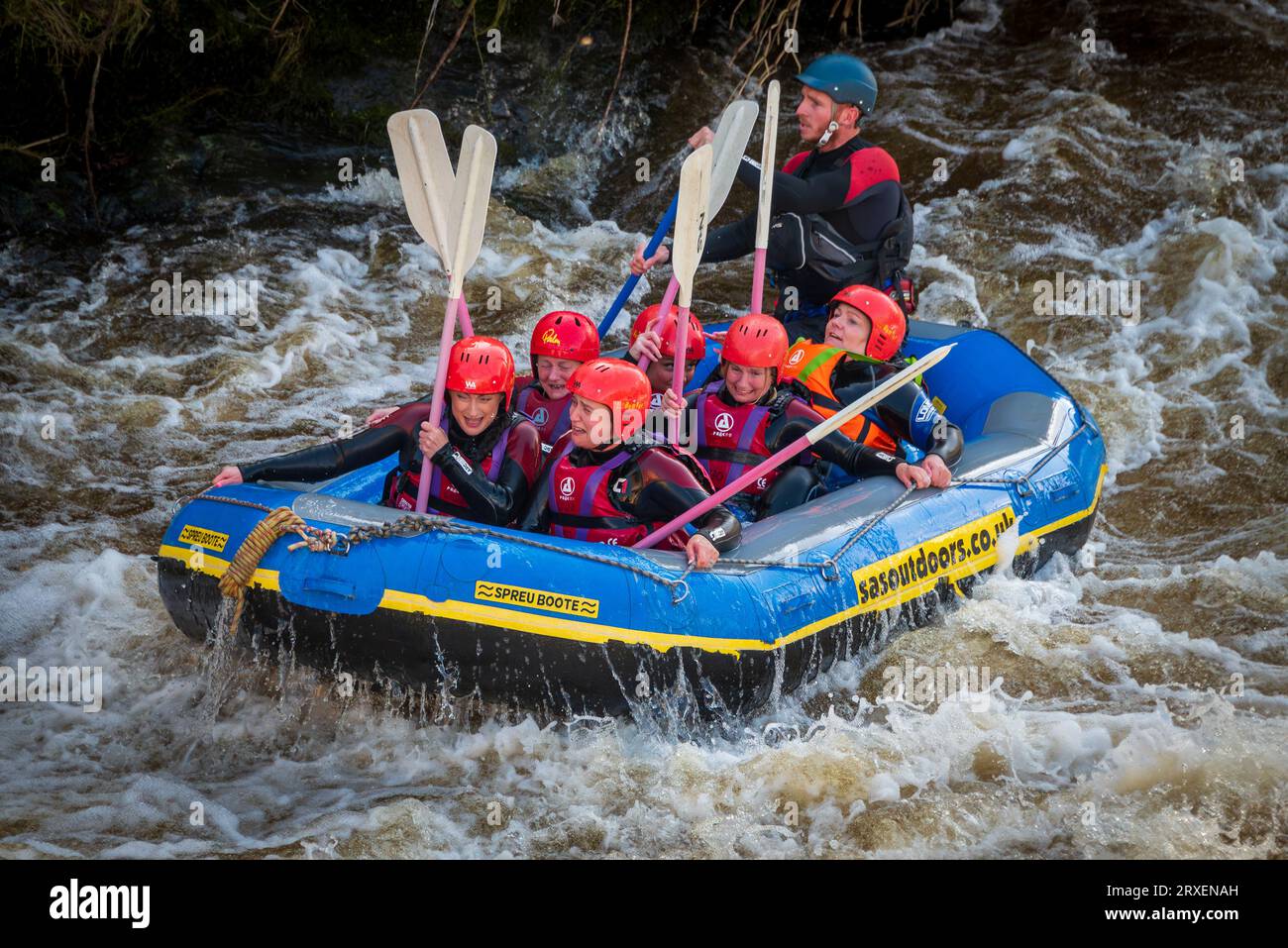 Whitewater rafting on the river Dee rapids at Town Falls in llangollen ...