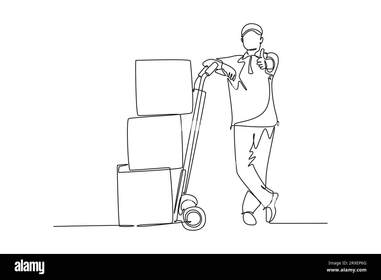 Single one line drawing young delivery man gives thumbs up gesture ...