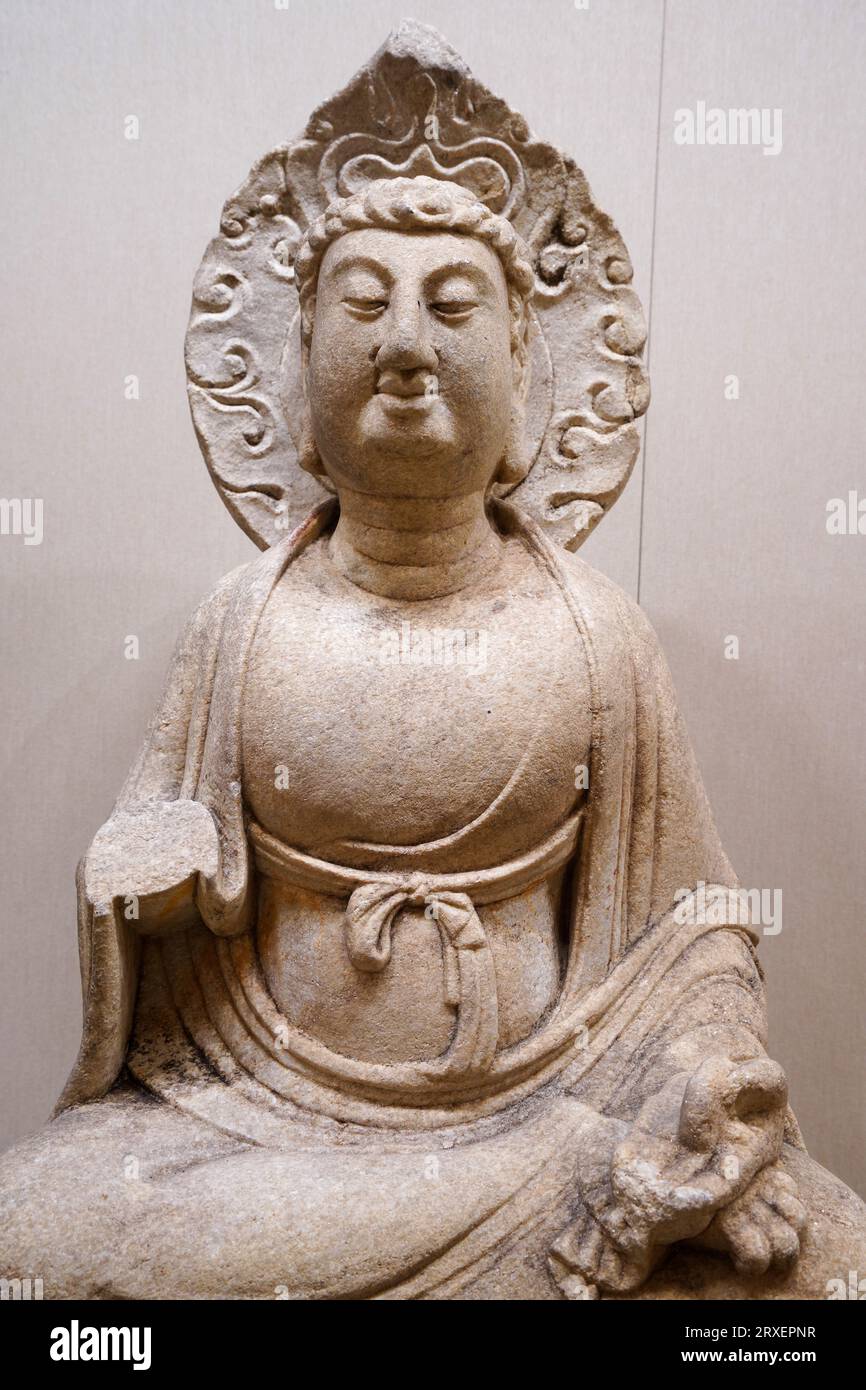 Beijing China, February 16, 2023: Stone Buddha sitting statue in the ...