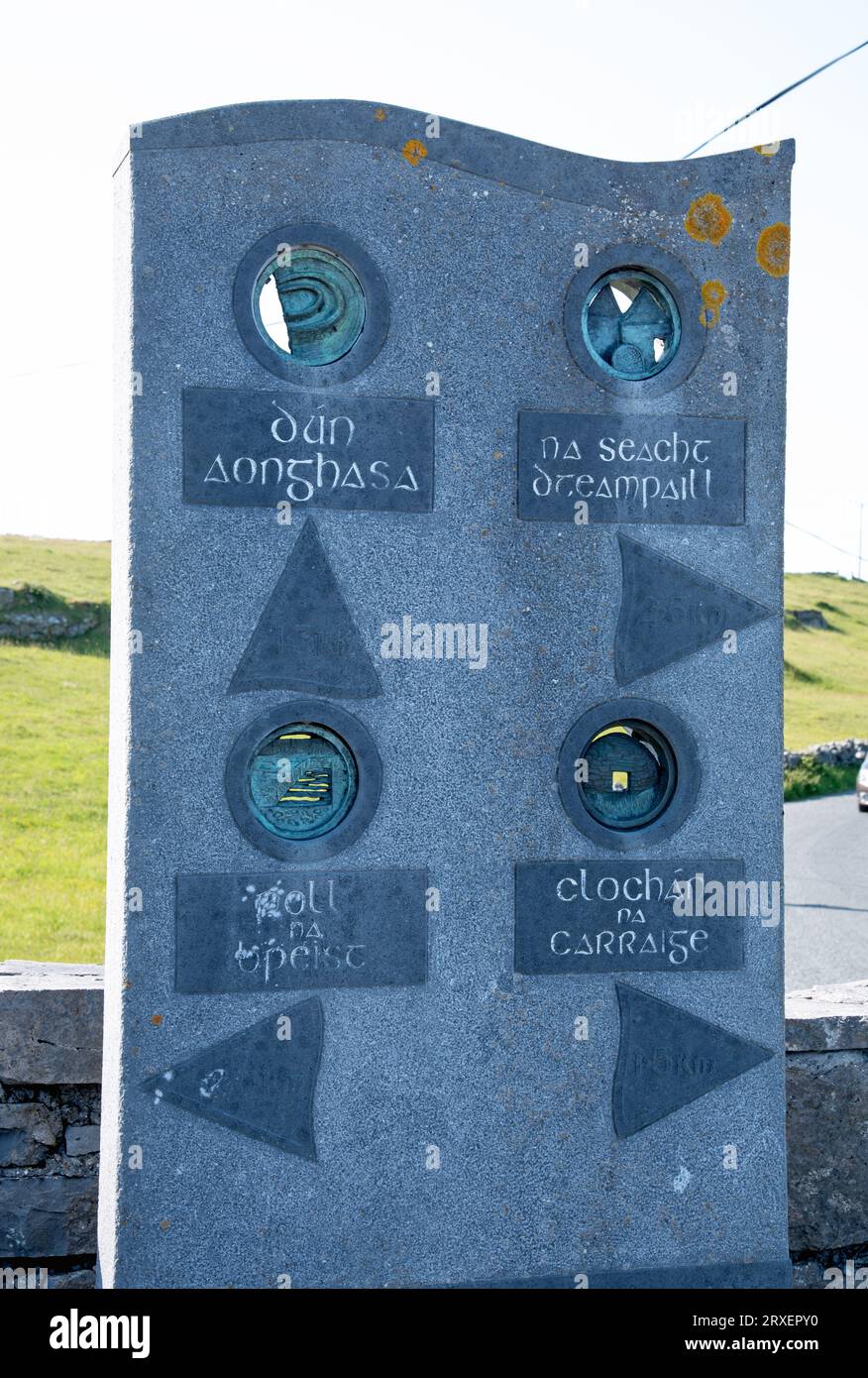 Kilmurvey, Ireland - 4 june, 2023, Hiking trail signe on irish and ...