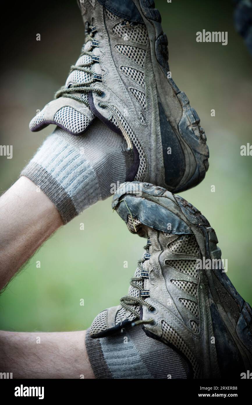 Stacked hiking shoes Stock Photo - Alamy