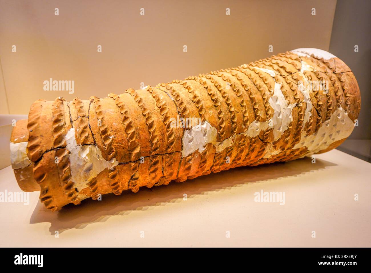 Beijing China, February 16, 2023: Tubular pottery of Qujialing culture ...