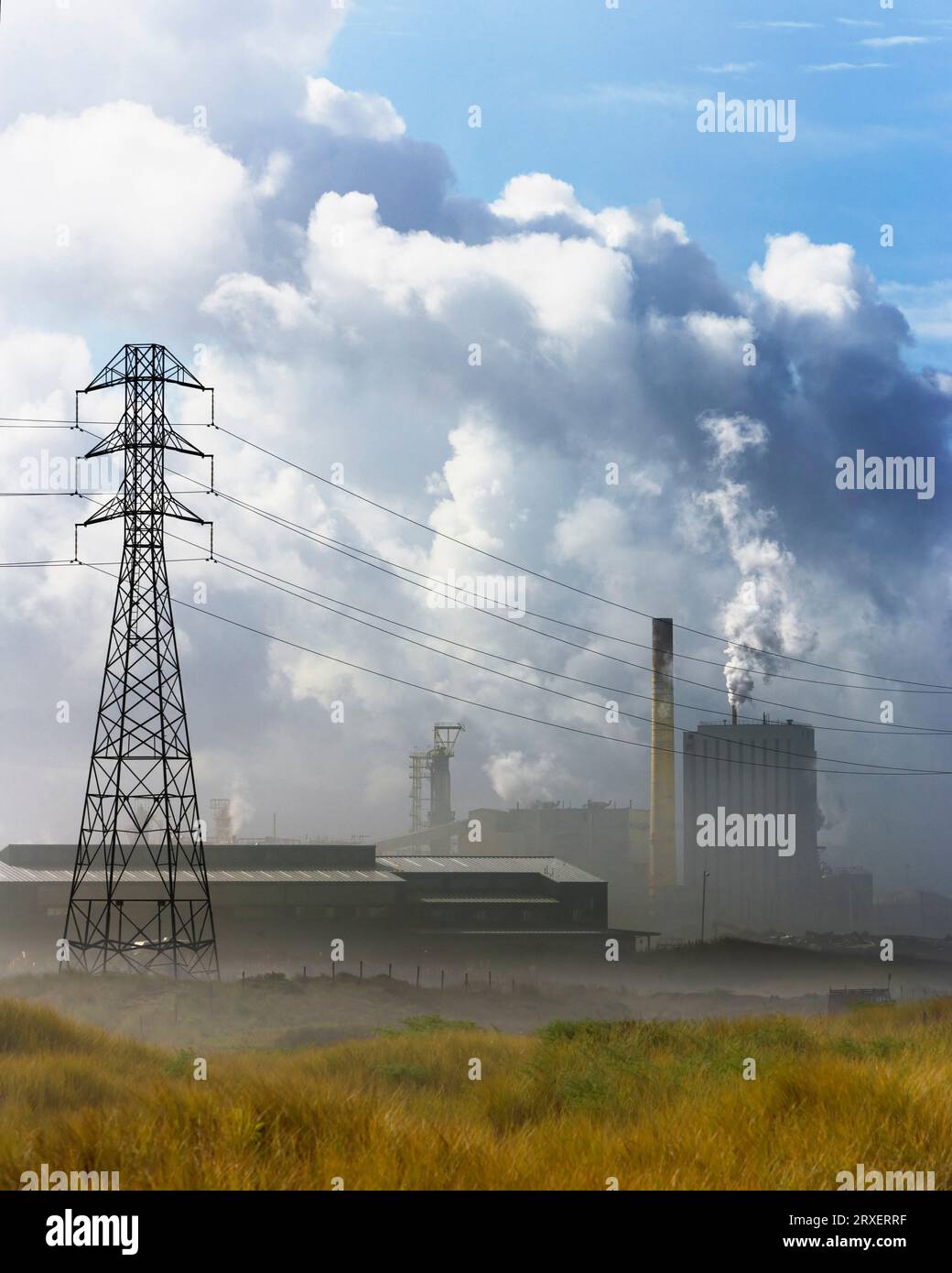 Power lines and tower, smoke from Samoa Pacific Corp.'s pulp plant ...