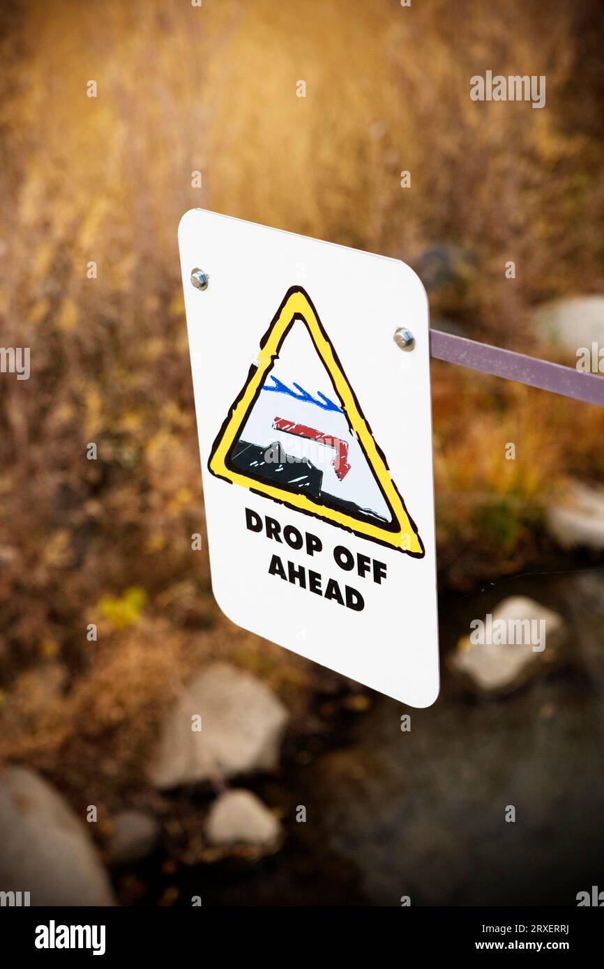 DROP OFF AHEAD sign. This sign is used to warn canoeists and kayakers ...
