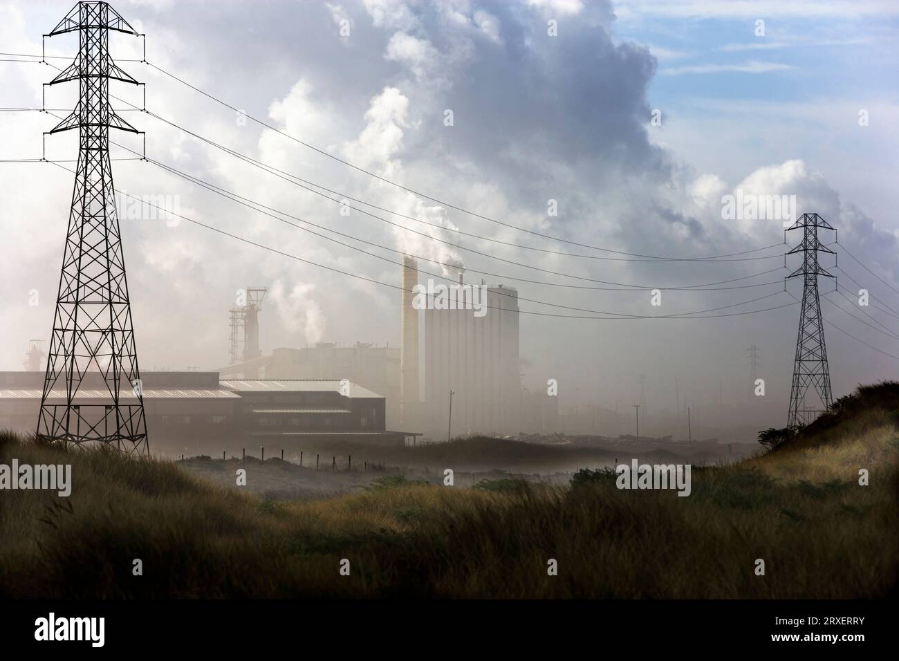 Power lines and tower, smoke from Samoa Pacific Corp.'s pulp plant ...