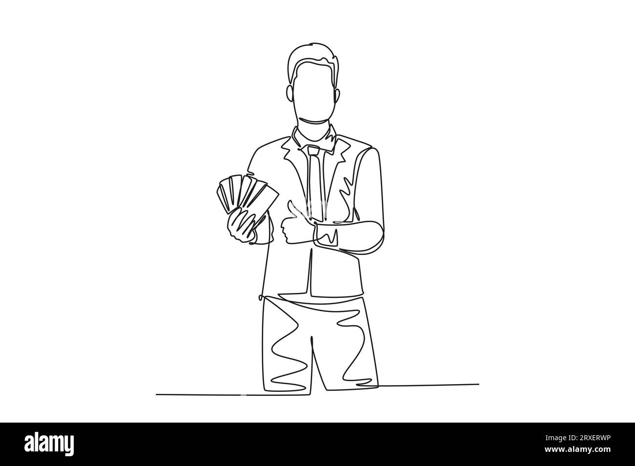 Single continuous line drawing young happy successful businessman show ...