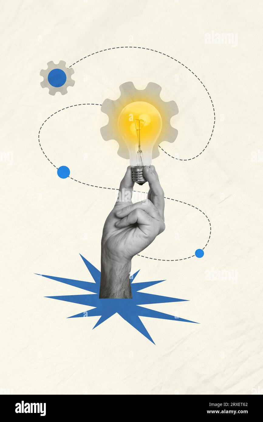 Poster collage conceptual photo image of human arm hold lamp bulb ...
