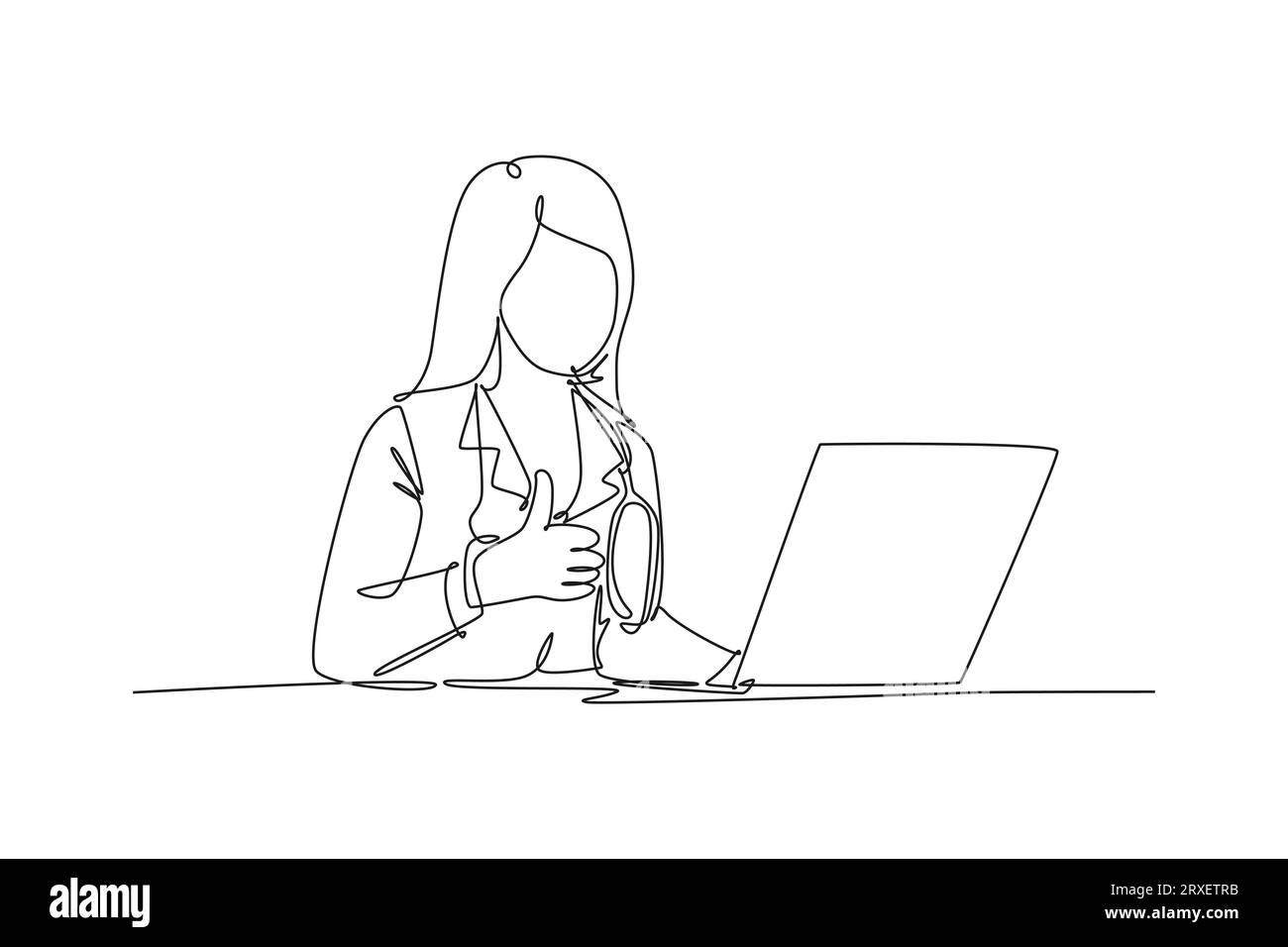 Single continuous line drawing young happy doctor woman open a laptop ...