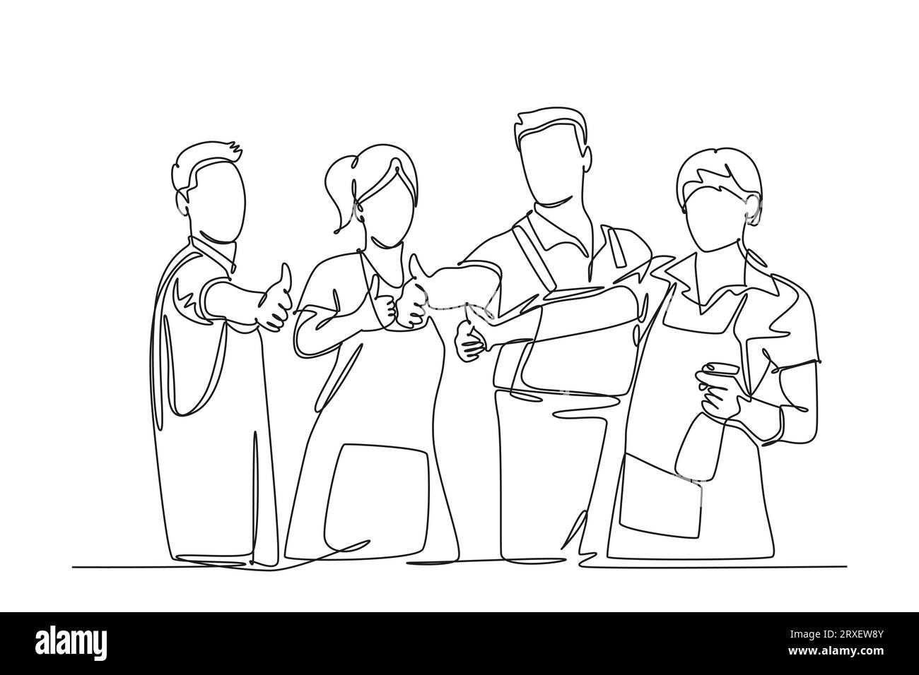 Single one line drawing groups of male and female janitor giving thumbs ... Single one line drawing groups of male and female janitor giving thumbs ...
