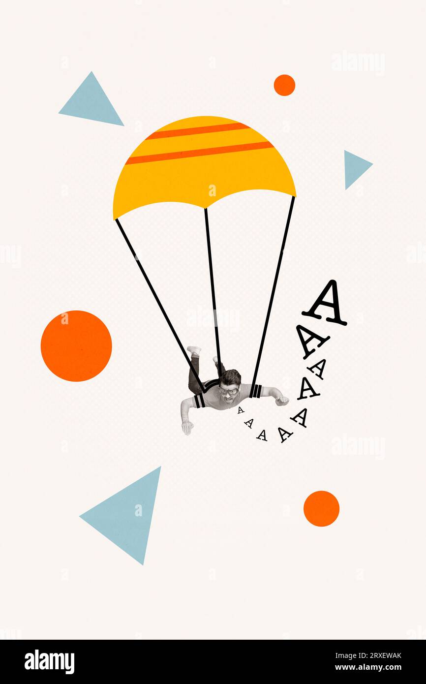 Vertical collage image of impressed black white effect guy skydive ...