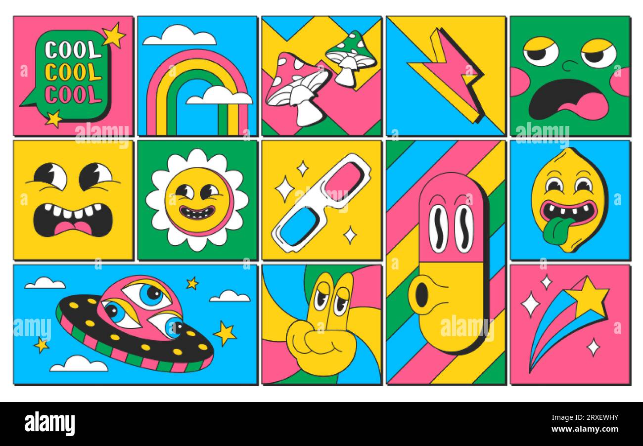 Square stickers with trendy characters and retro surreal elements. Psychedelic cartoon groovy ...