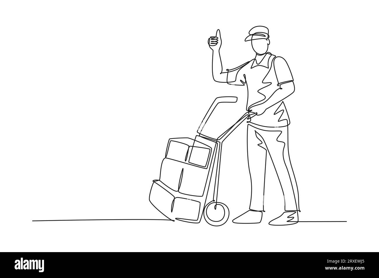 Single one line drawing young delivery man gives thumbs up gesture ...