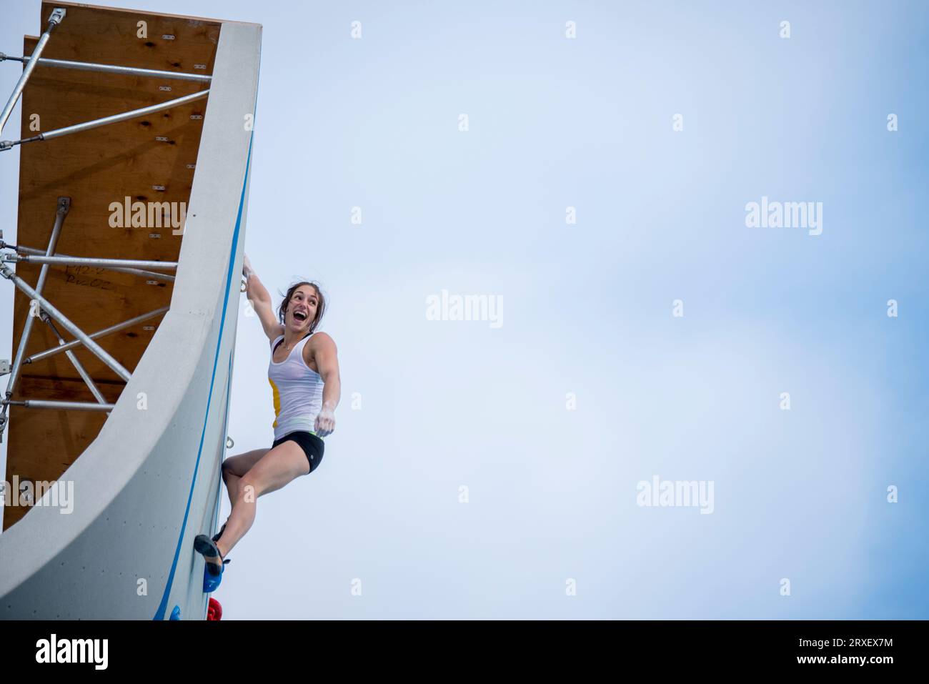 Woman makes the jump off the 55ft tall wall at Psicobloc Masters Stock ...
