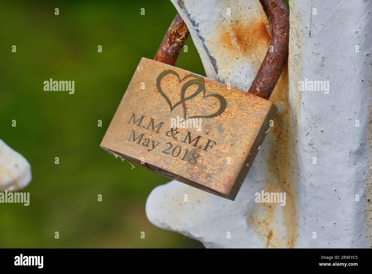 A love lock on the Corby Bridge railway and footpath crossing over the ...