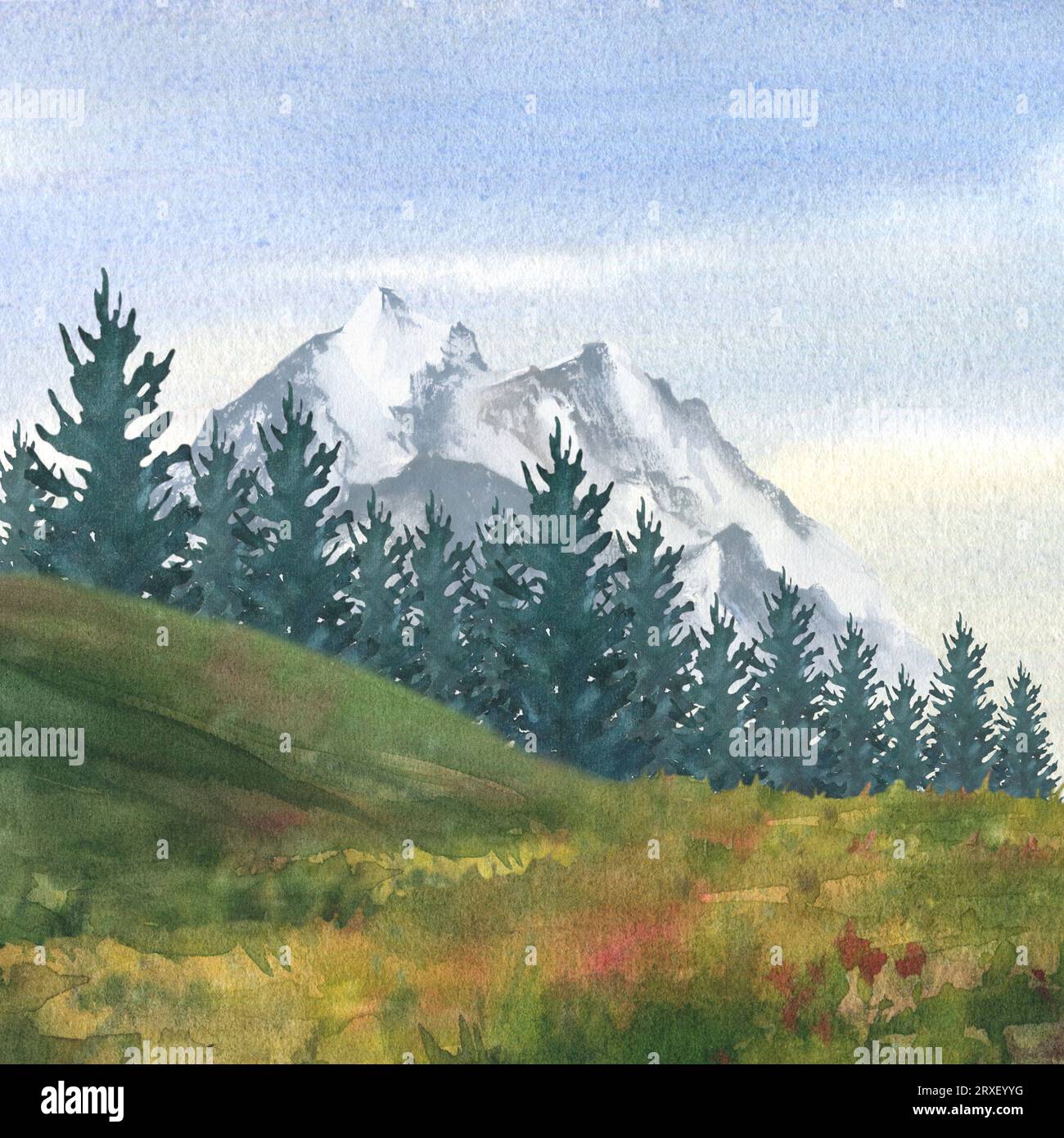 Mountain landscape watercolor style isolated on white background. Snowy ...