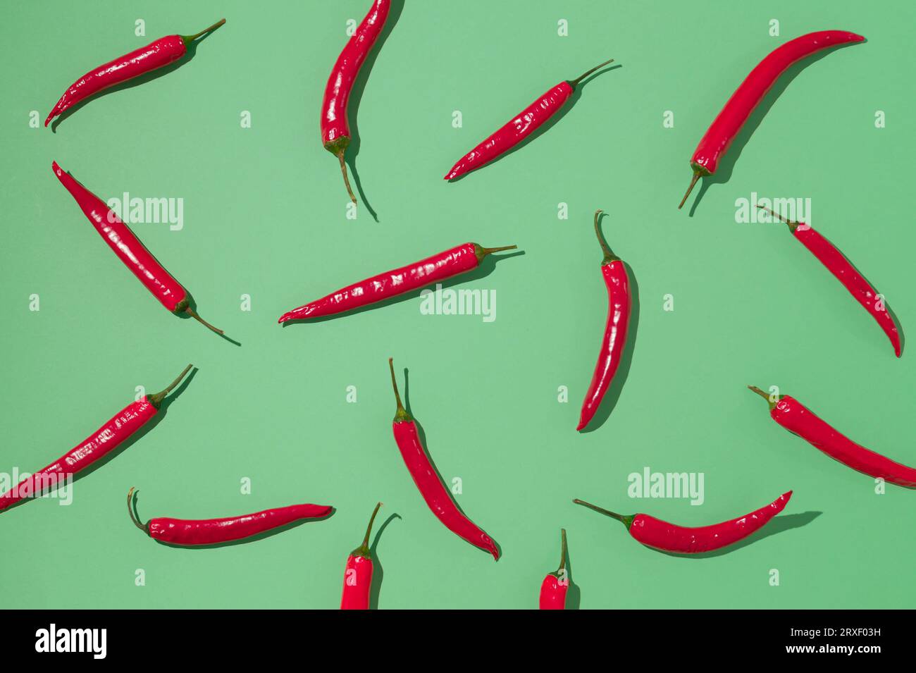 Creative pattern made of red hot chili peppers on pastel green ...
