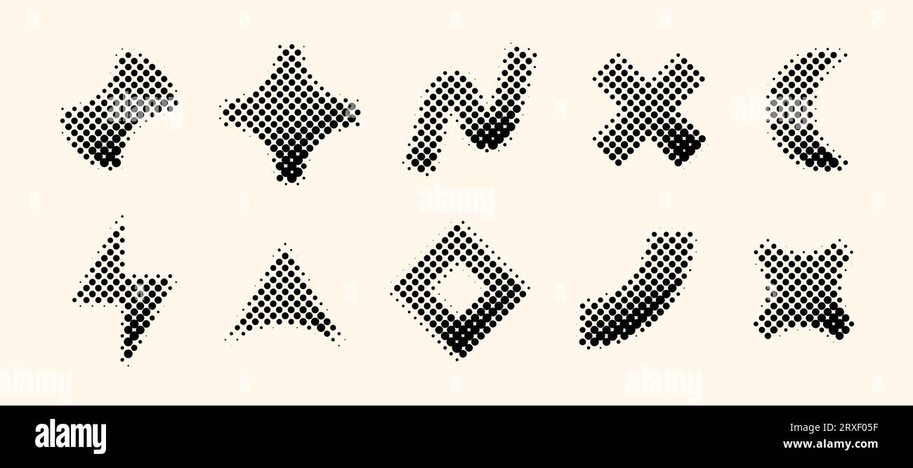 Halftone geometric shapes set. Dotted cross, wave, arc, crescent, bolt ...
