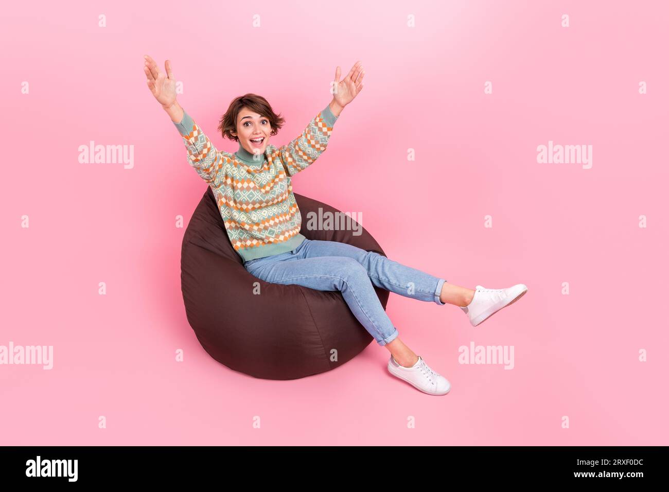 Full length cadre of funky young attractive lady arms up hello ...