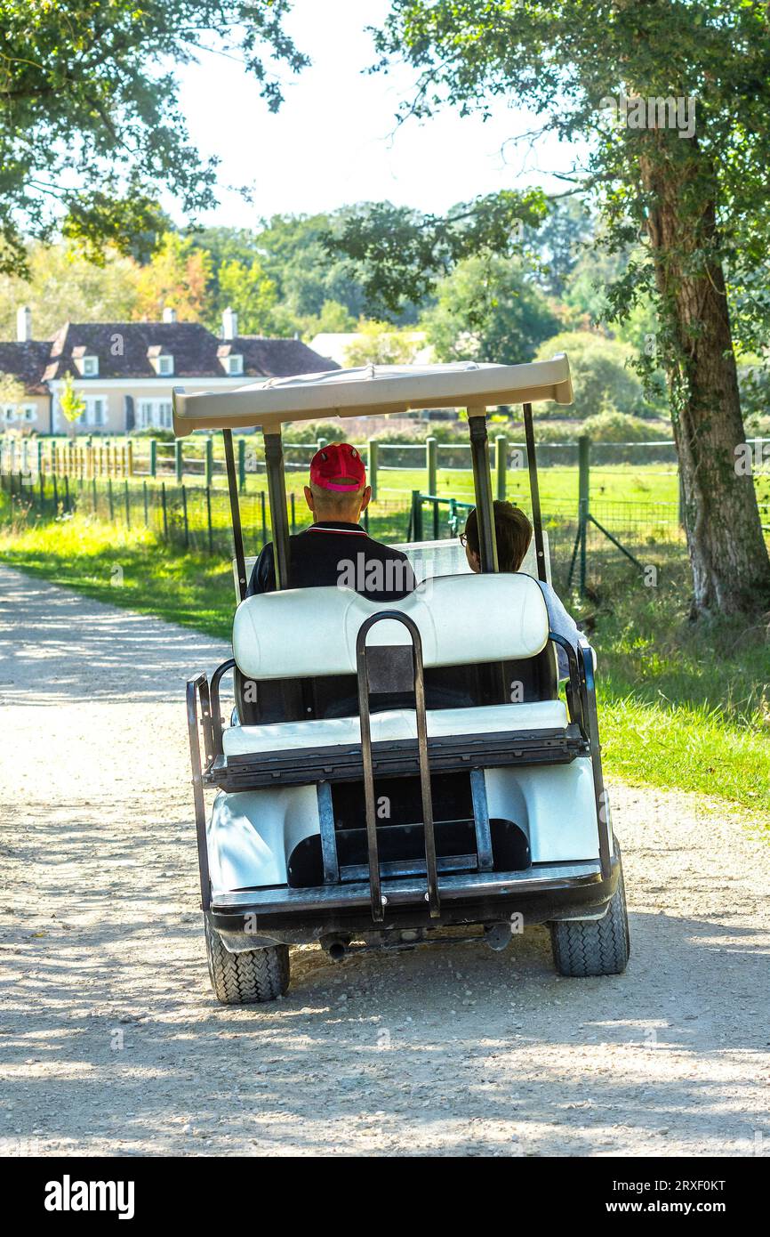 Father and son riding a self-drive buggy in the Haute Touche zoo park ...
