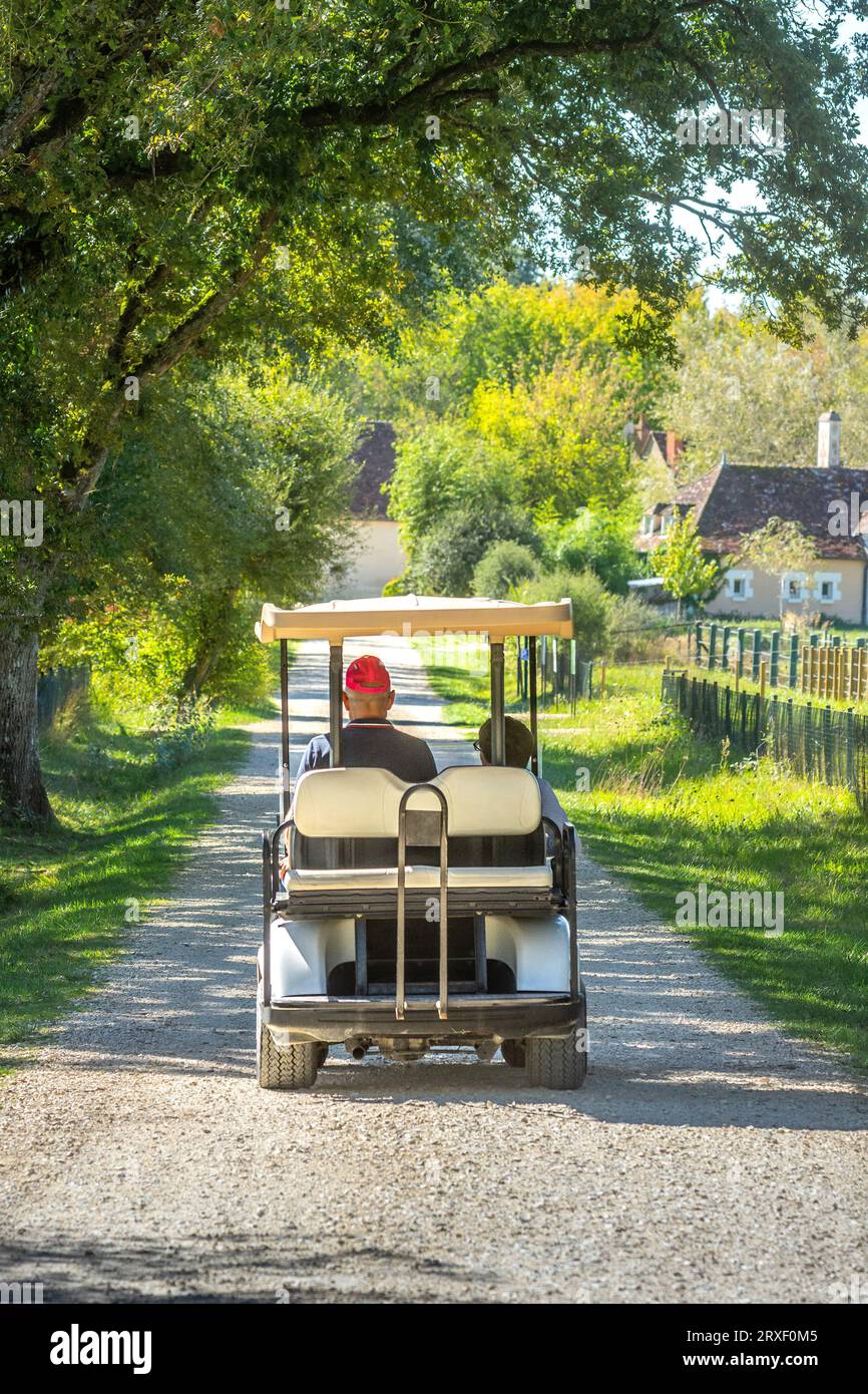 Father and son riding a self-drive buggy in the Haute Touche zoo park ...