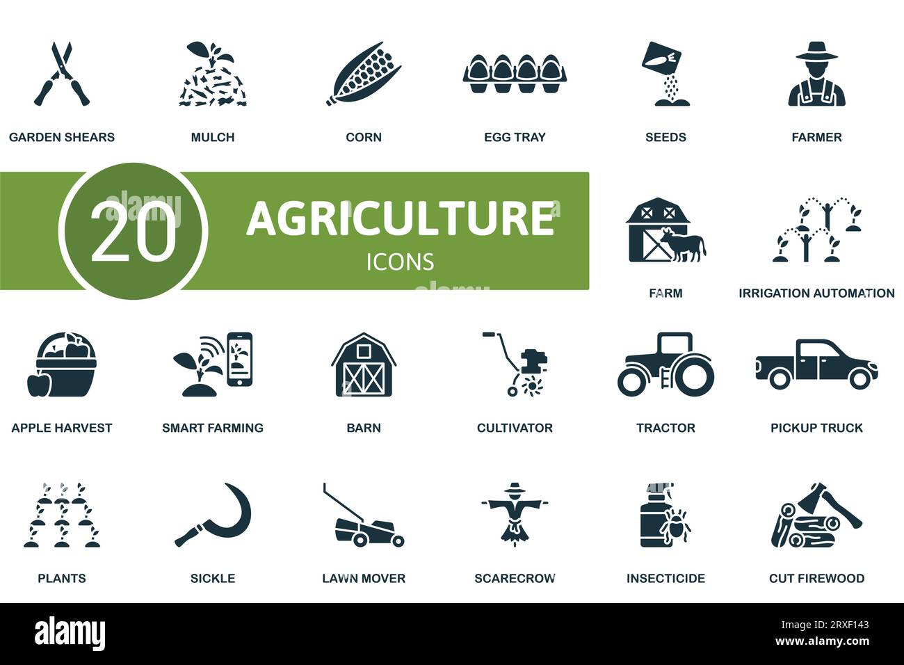 Agriculture set. Creative icons: garden shears, mulch, corn, egg tray ... Agriculture set. Creative icons: garden shears, mulch, corn, egg tray ...