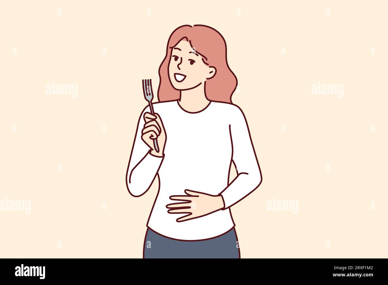 Hungry woman with fork in hands touches stomach, demonstrating good ...