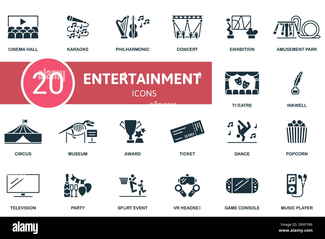 Entertainment set. Creative icons: cinema hall, karaoke, philharmonic ...