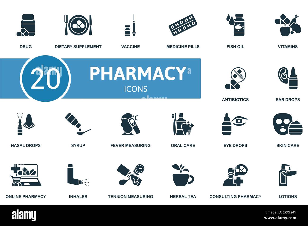 Pharmacy set. Creative icons: drug, dietary supplement, vaccine ...