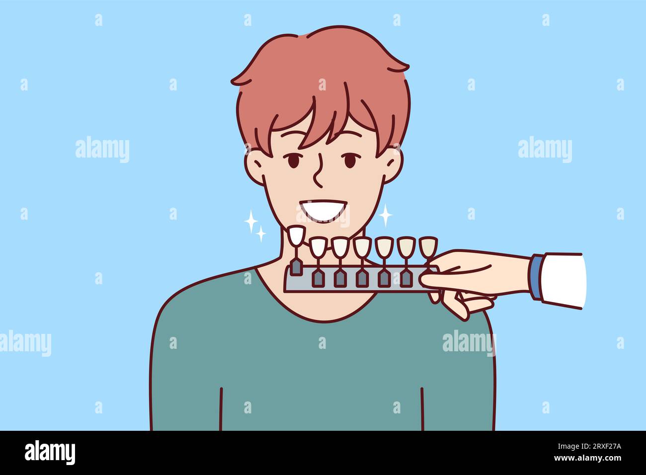 Man at dentist office showing teeth for comparison with dental palette ...