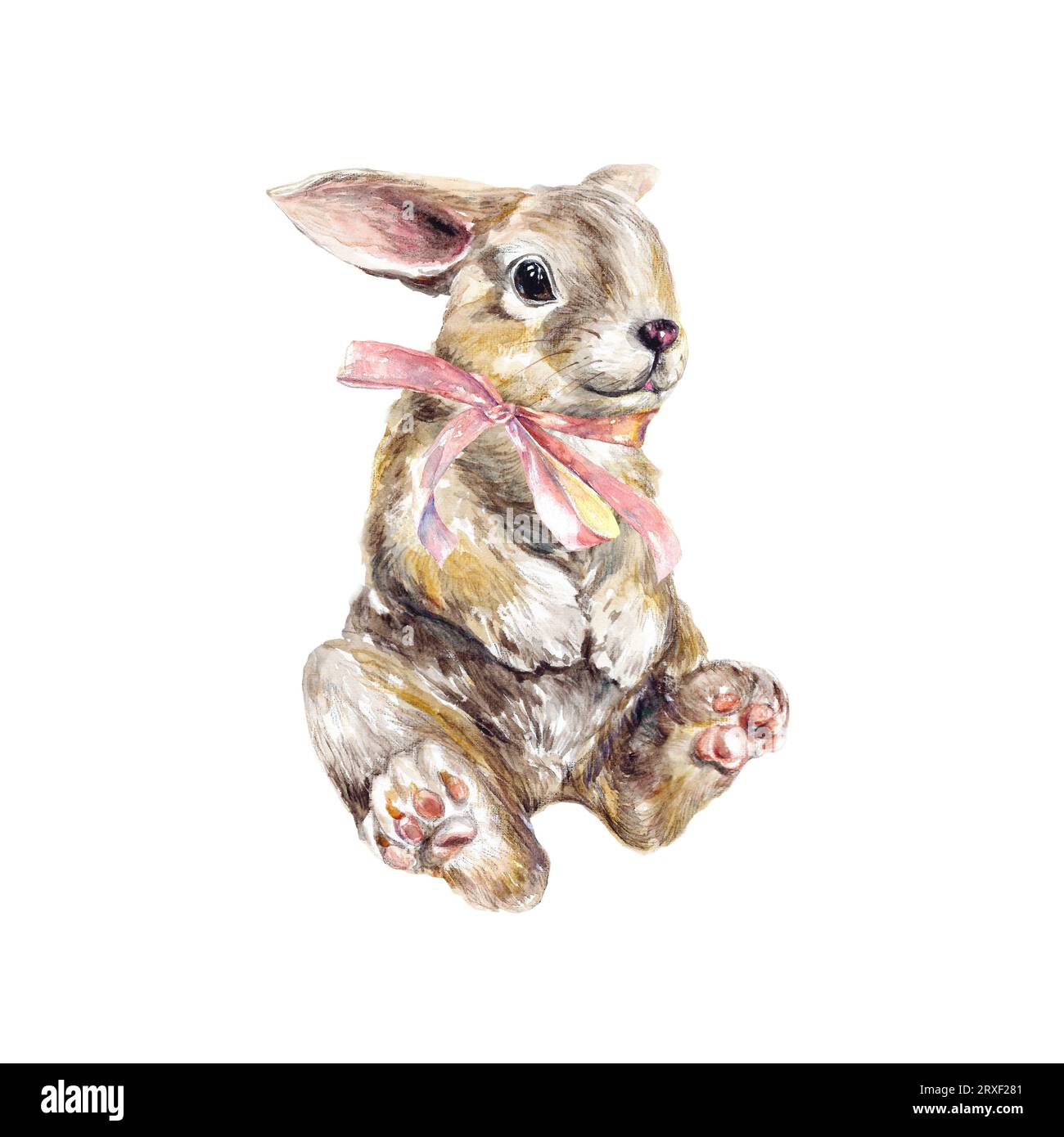 Sitting beige rabbit with a pink bow. Watercolor illustration isolated ...
