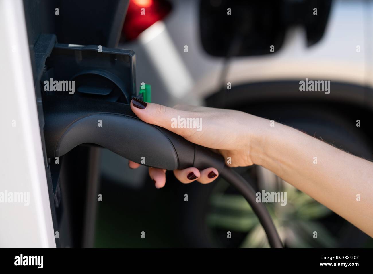 Woman holding plug of electric car charging station Stock Photo - Alamy